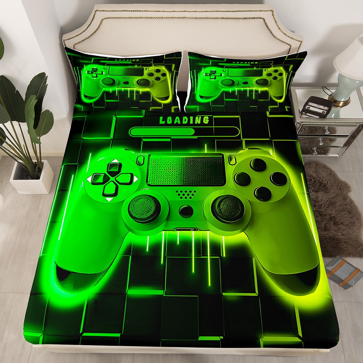 Green Yellow Gaming Fitted Sheet Gamer Bed Sheets Twin,Neon Lights ...