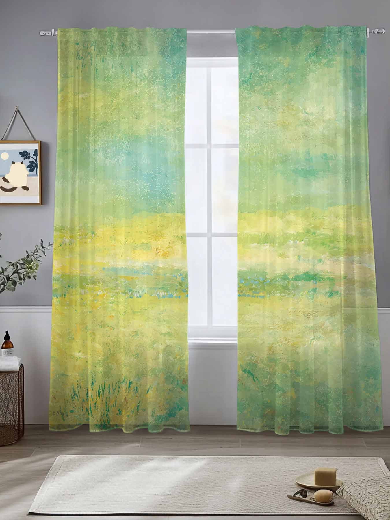 Green Yellow Grass Sheer Curtains 84 Inches Long 2 Panels Landscape Oil ...