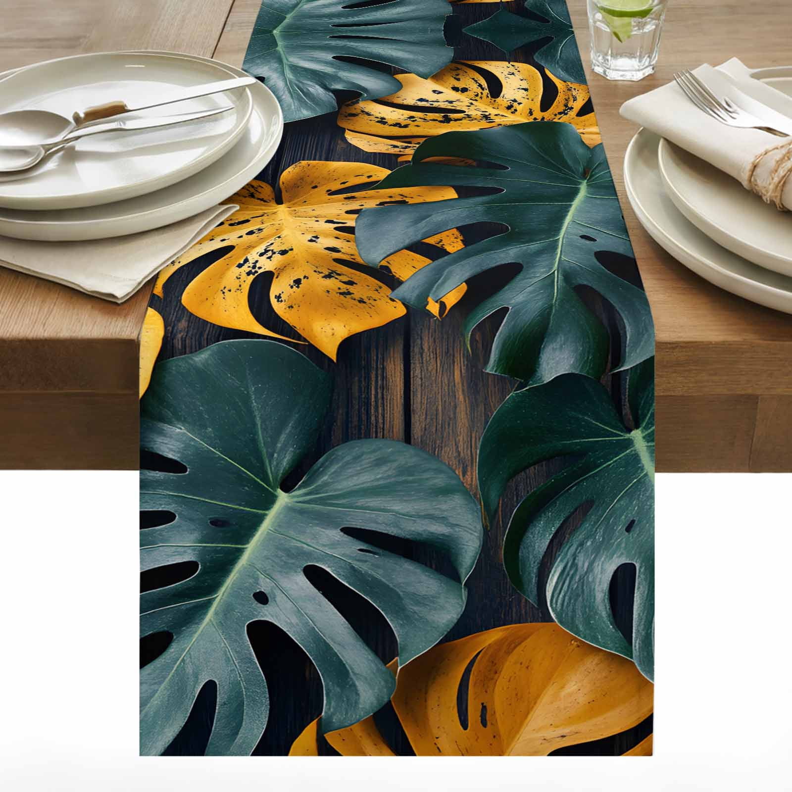 Green Yellow Leaf Cotton Linen Table Runner Spring Monstera Deliciosa ...
