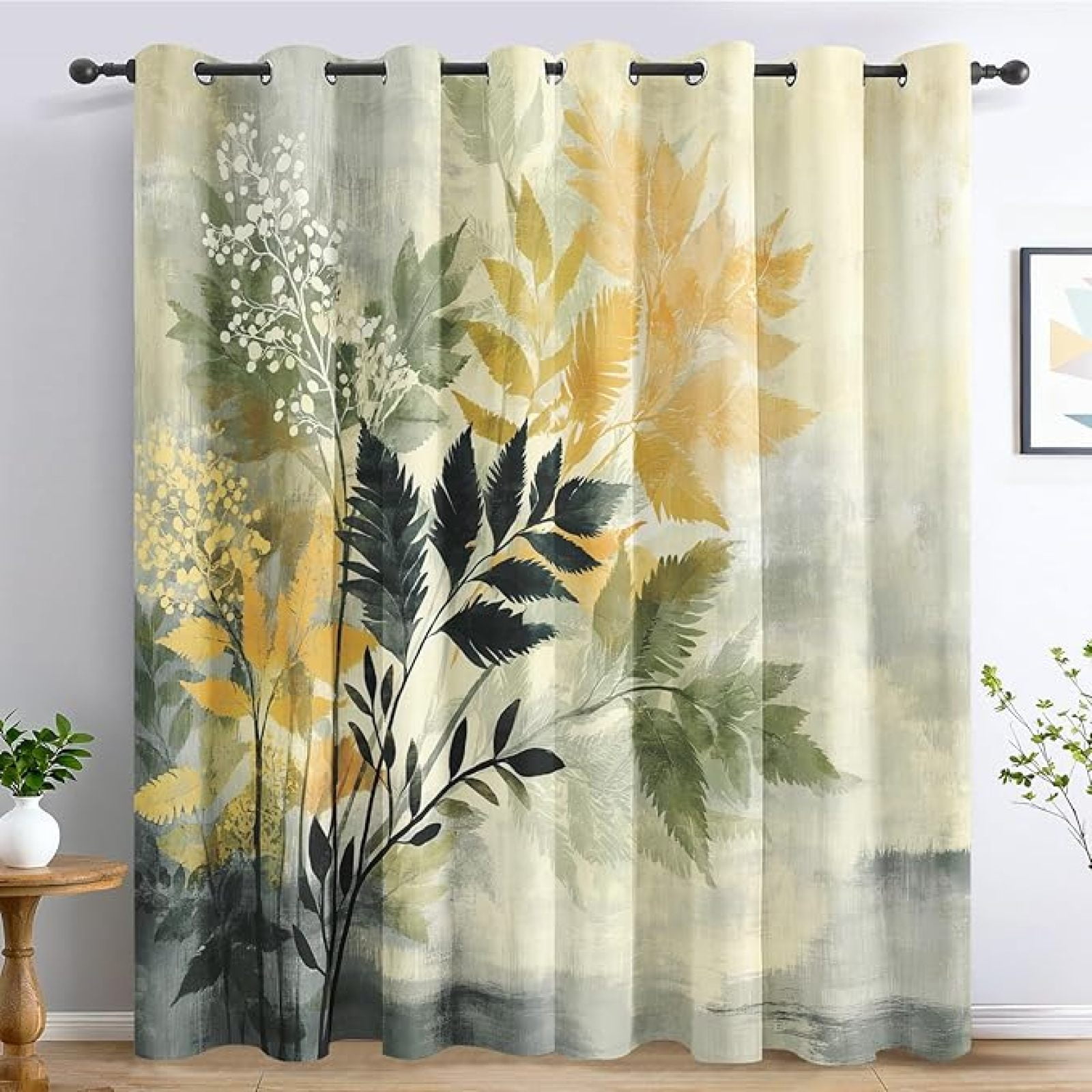 Green Yellow Leaf Curtains for Living Room, Thermal Insulated Botanical ...