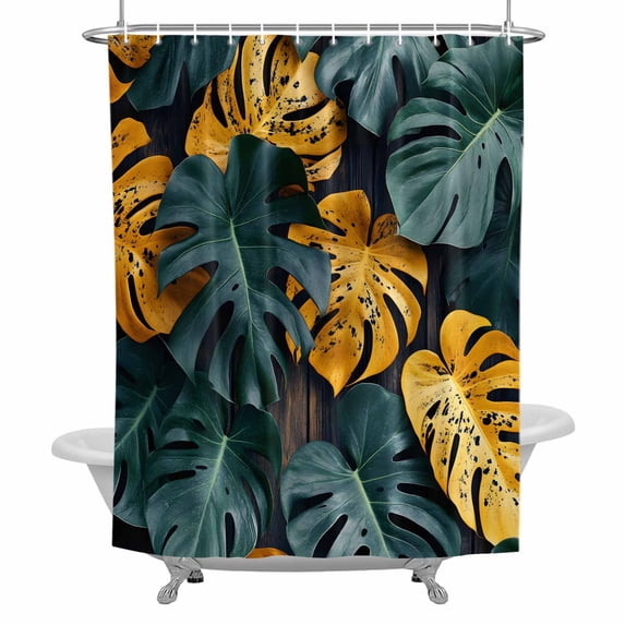 Green Yellow Leaf Shower Curtain for Bathroom, Spring Monstera ...