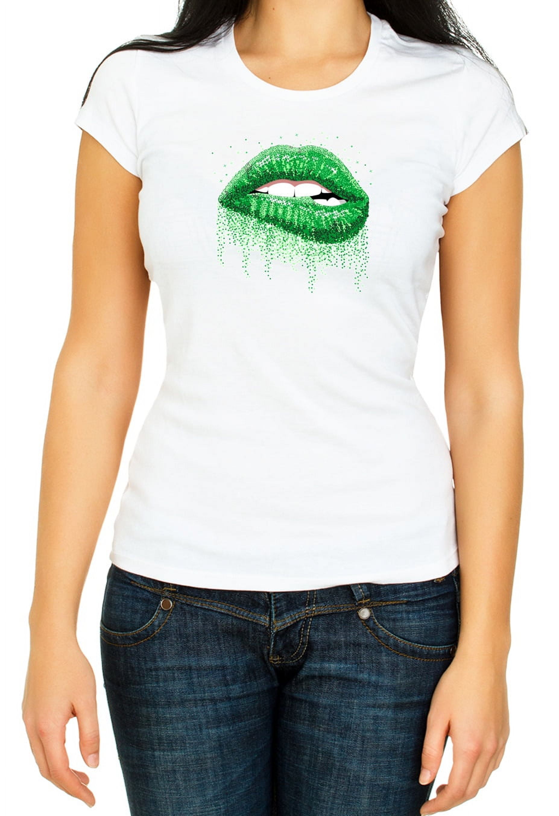 Green / Yellow Lips Lipstick Woman 3/4 Short Sleeve White T Shirt D361-S361 - Walmart.com