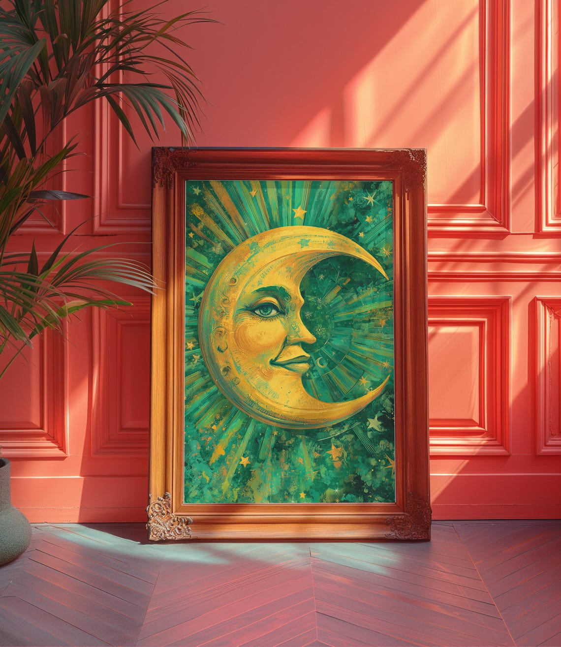 Green And Yellow Moon Face Wall Art, Celestial Moon Print, Boho ...
