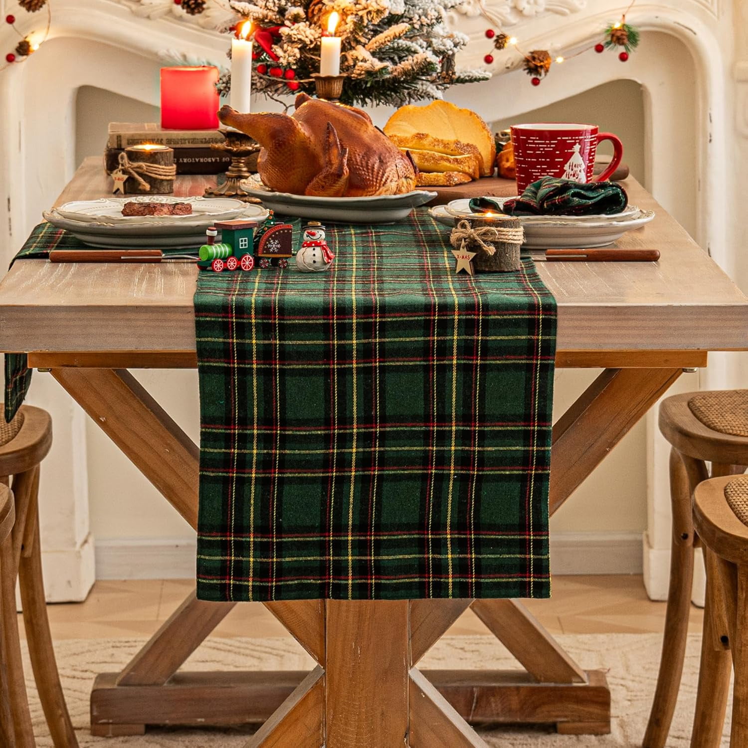 Green Yellow Plaid Christmas Table Runner, Winter Holiday Table Runners ...