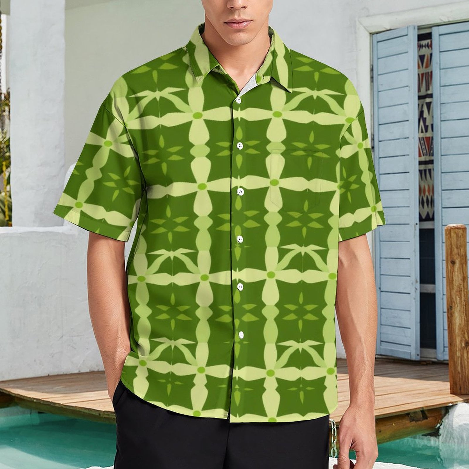 Green Yellow Repeating Geometric Pattern Design Summer Shirt For Mens ...