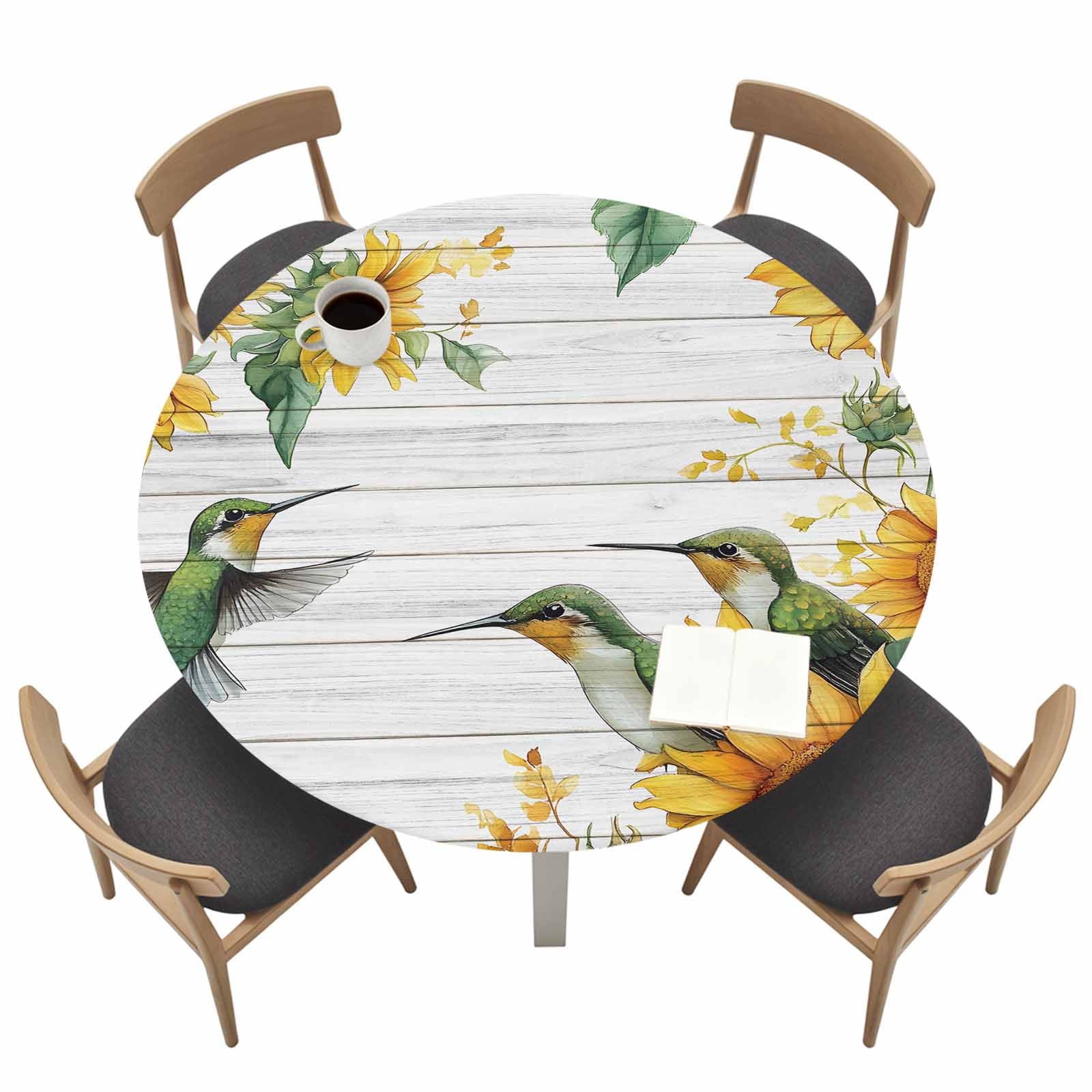 Green Yellow Round Fitted Tablecloth with Elastic Edge Hummingbird ...