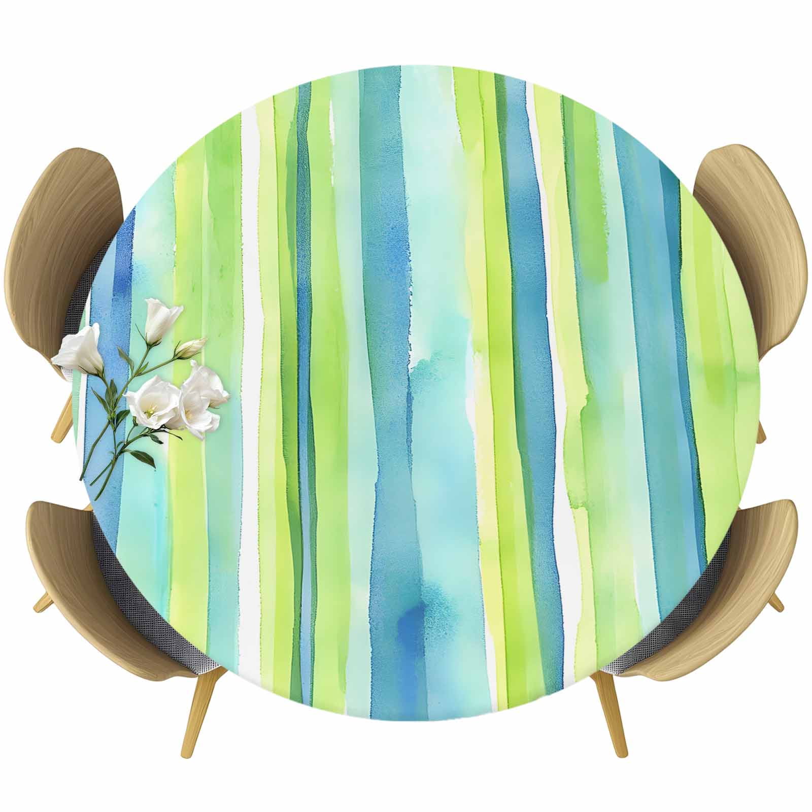 Green Yellow Striped Round Fitted Table Cover Abstract Art Watercolor ...