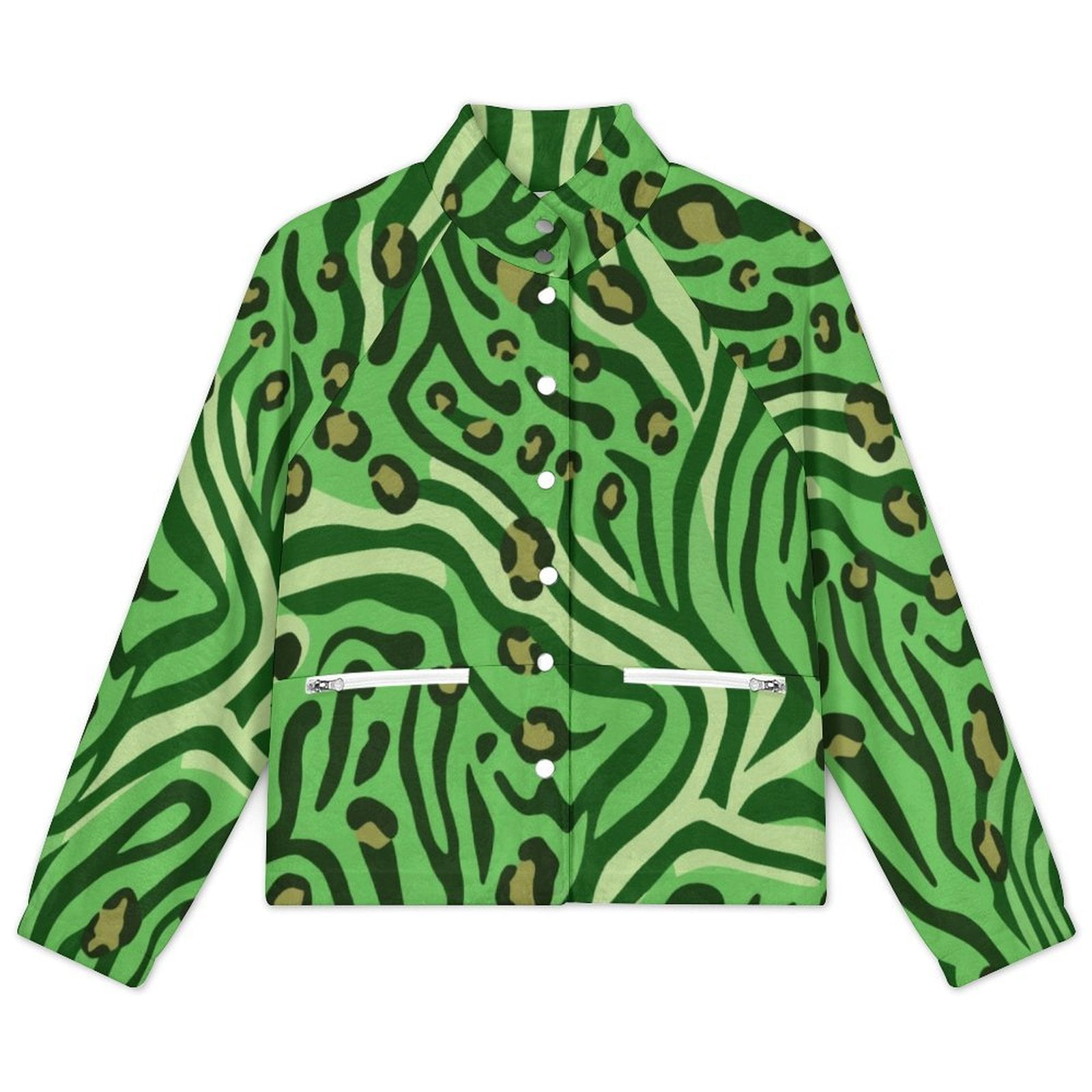 Green Zebra Leopard Print Warm Women's Plush Jacket Stand Collar Full ...