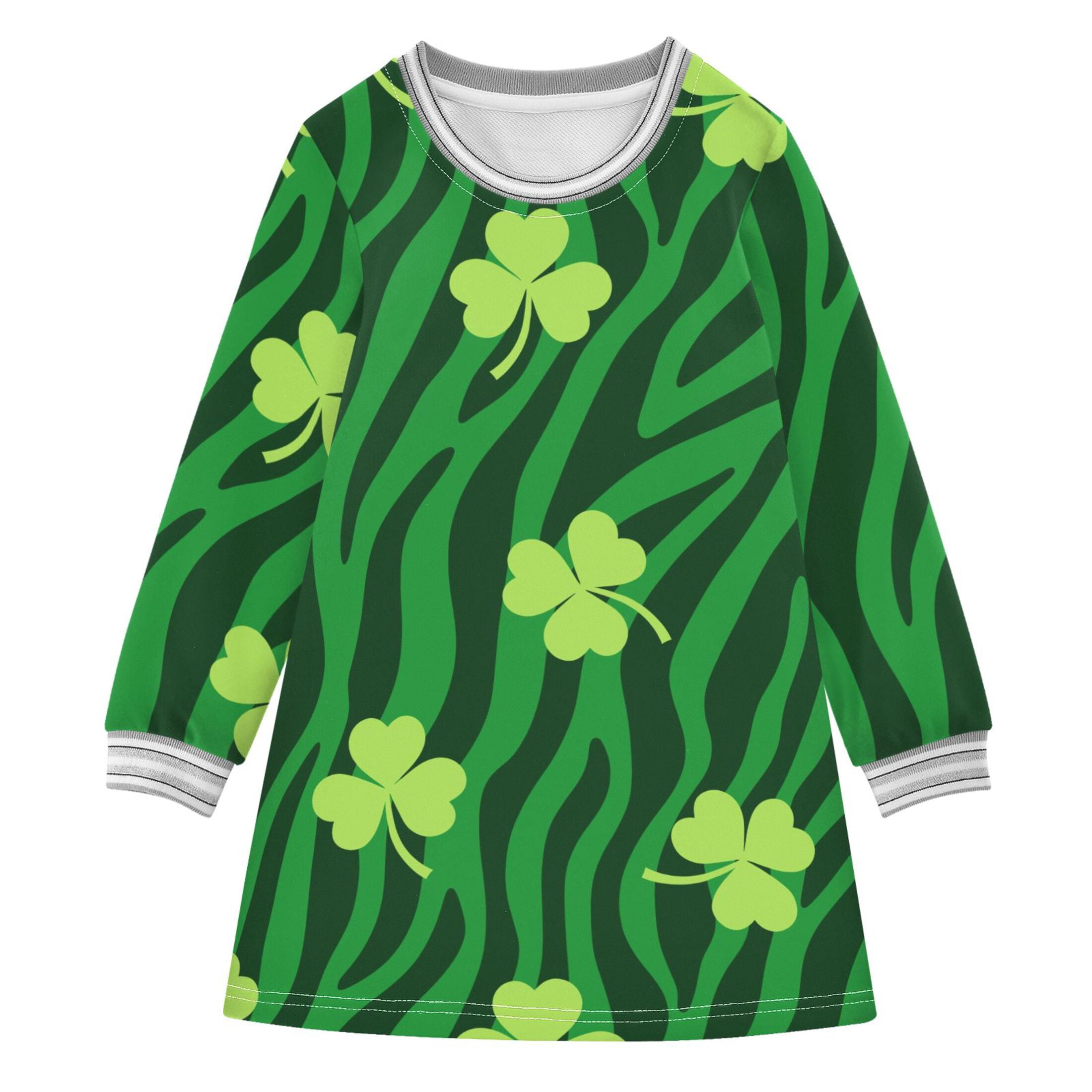 Green Zebra Print Clover Girls'long-sleeved dress Thickened A-dress ...