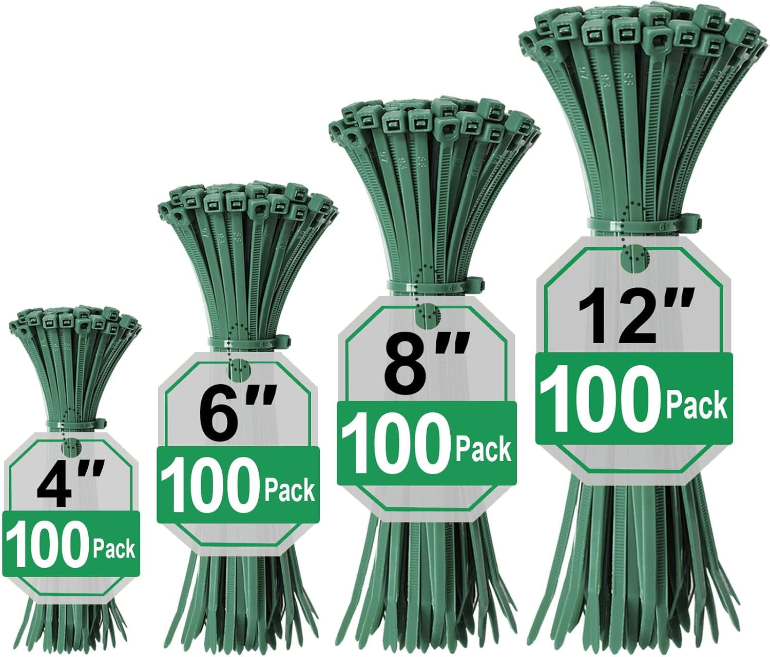 Green Zip Ties Assorted Sizes (4"+6"+8"+12"), 400 Pack, Cable Ties UV ...