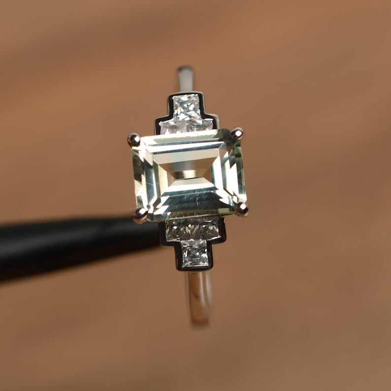 Green amethyst engagement ring emerald cut sterling silver rectangle ...