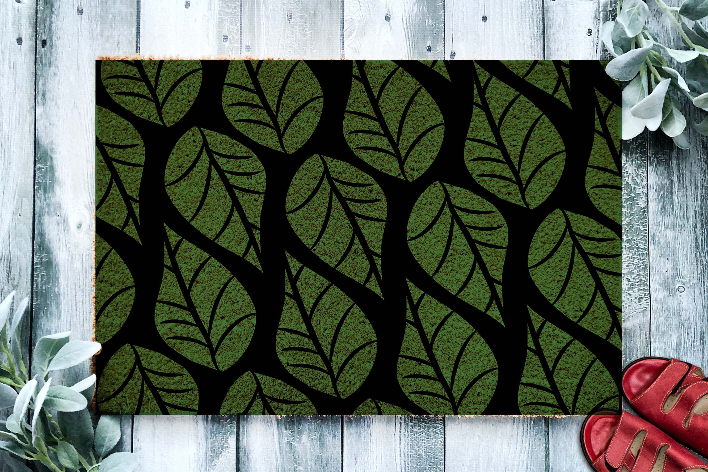 Green and Black Leaves Pattern Door Mat | Houseplant Leaf Doormat ...