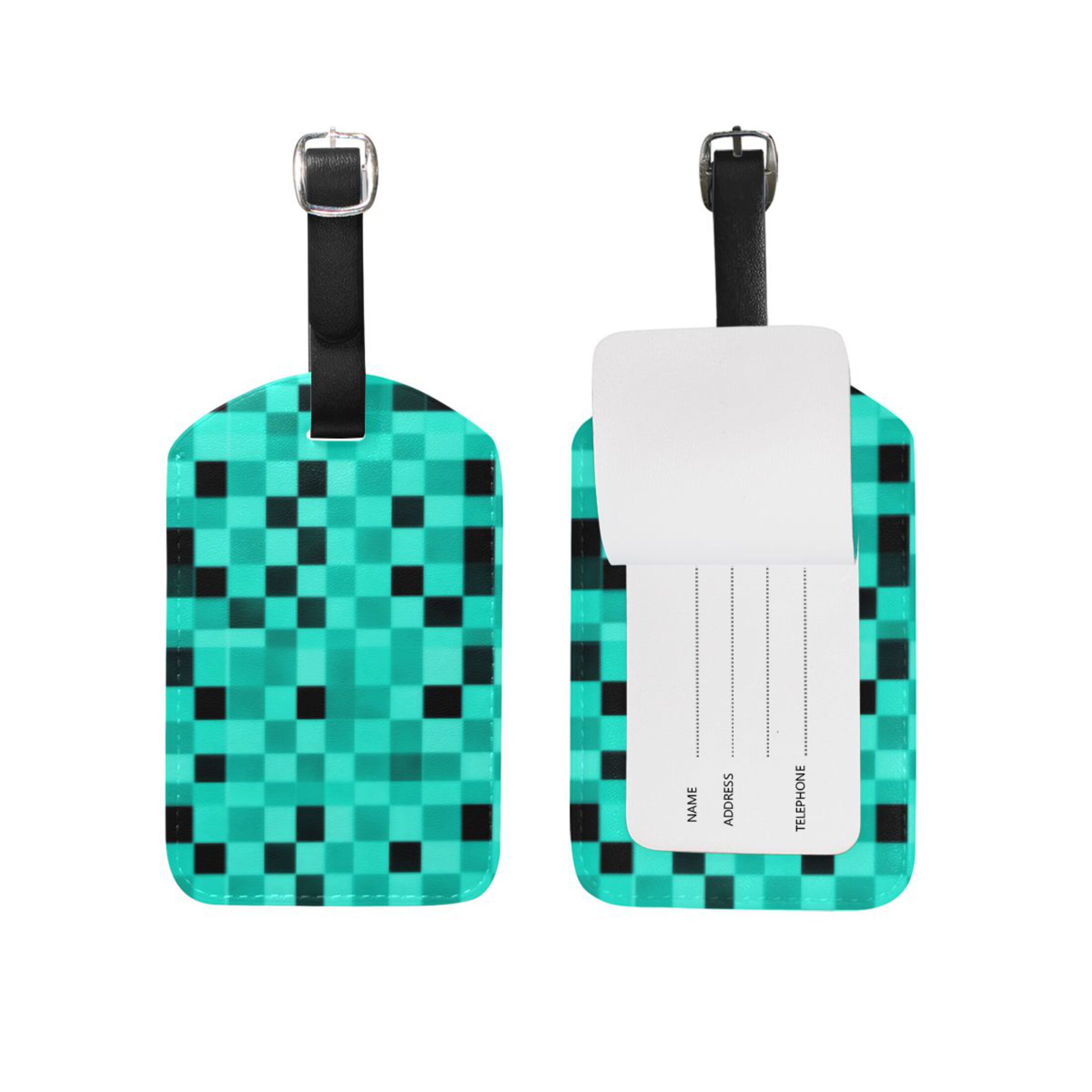 Green and Black Squares Luggage Tags PU Leather Name ID Labels for ...