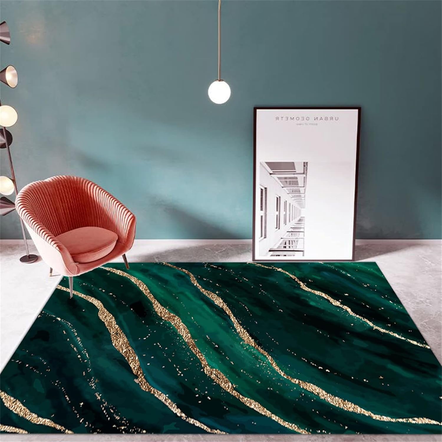 Green and Gold Abstract Painting Carpet, Artistic Marble Area Rugs ...