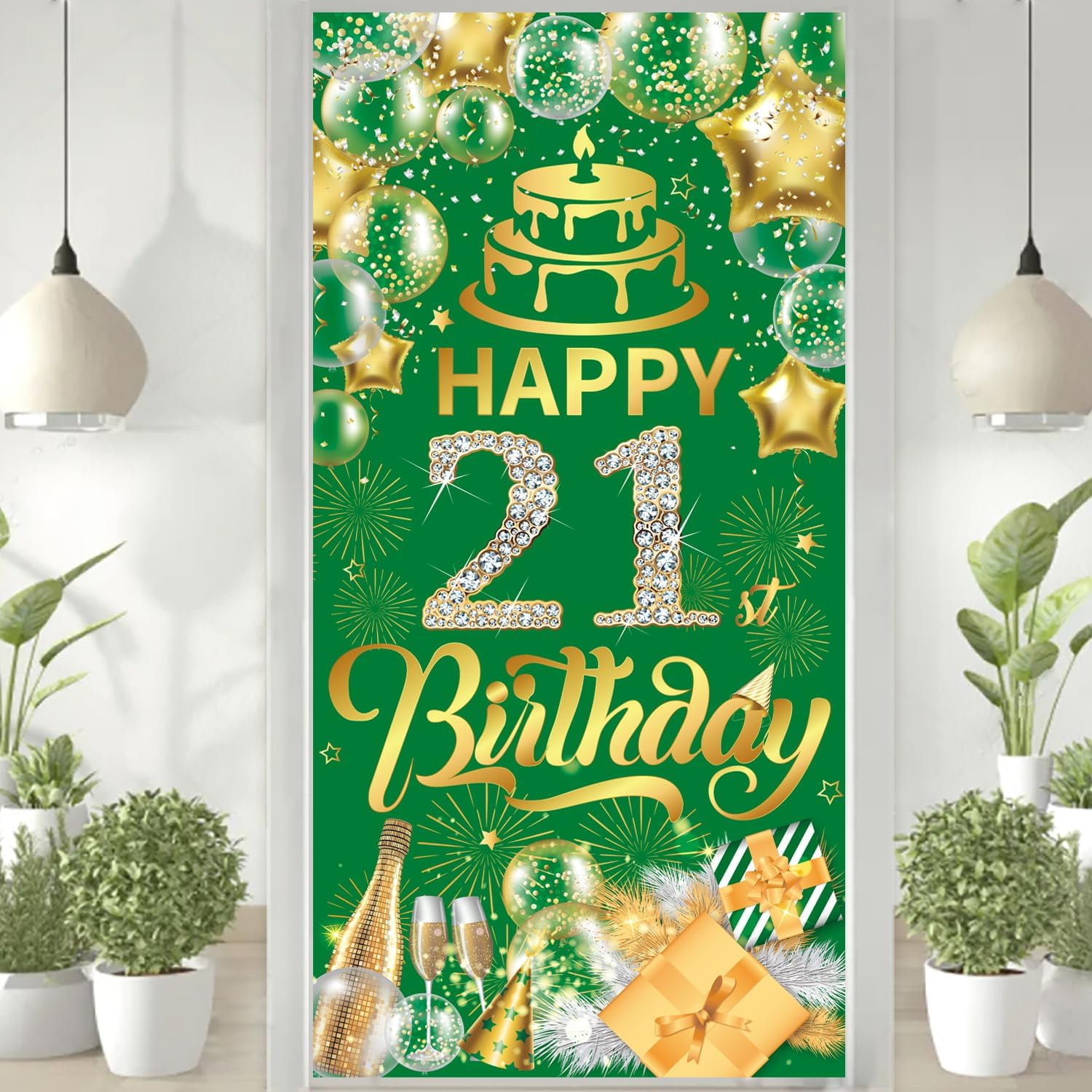 Green and Gold Happy 21st Birthday Backdrop Banner, Green Birthday ...
