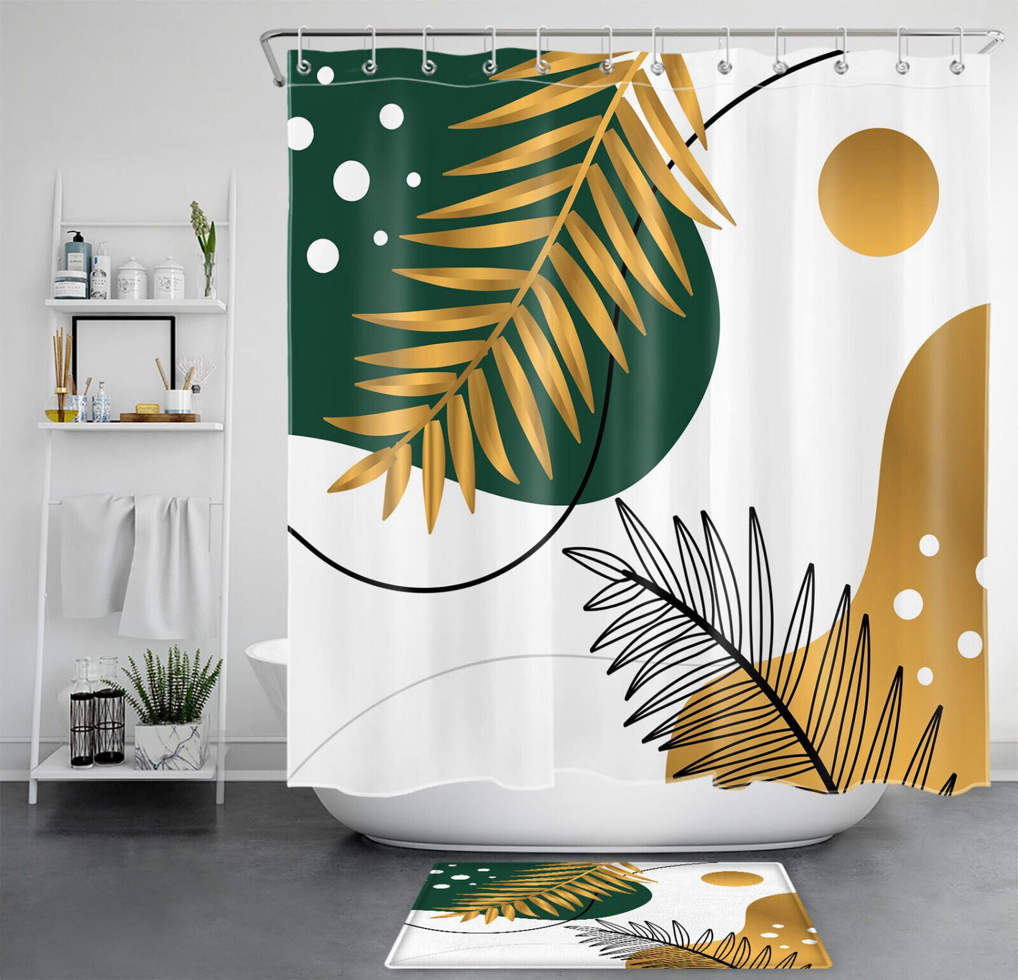 Green And Gold Leaf Botanical Shower Curtain Set Elevate Your Bathroom