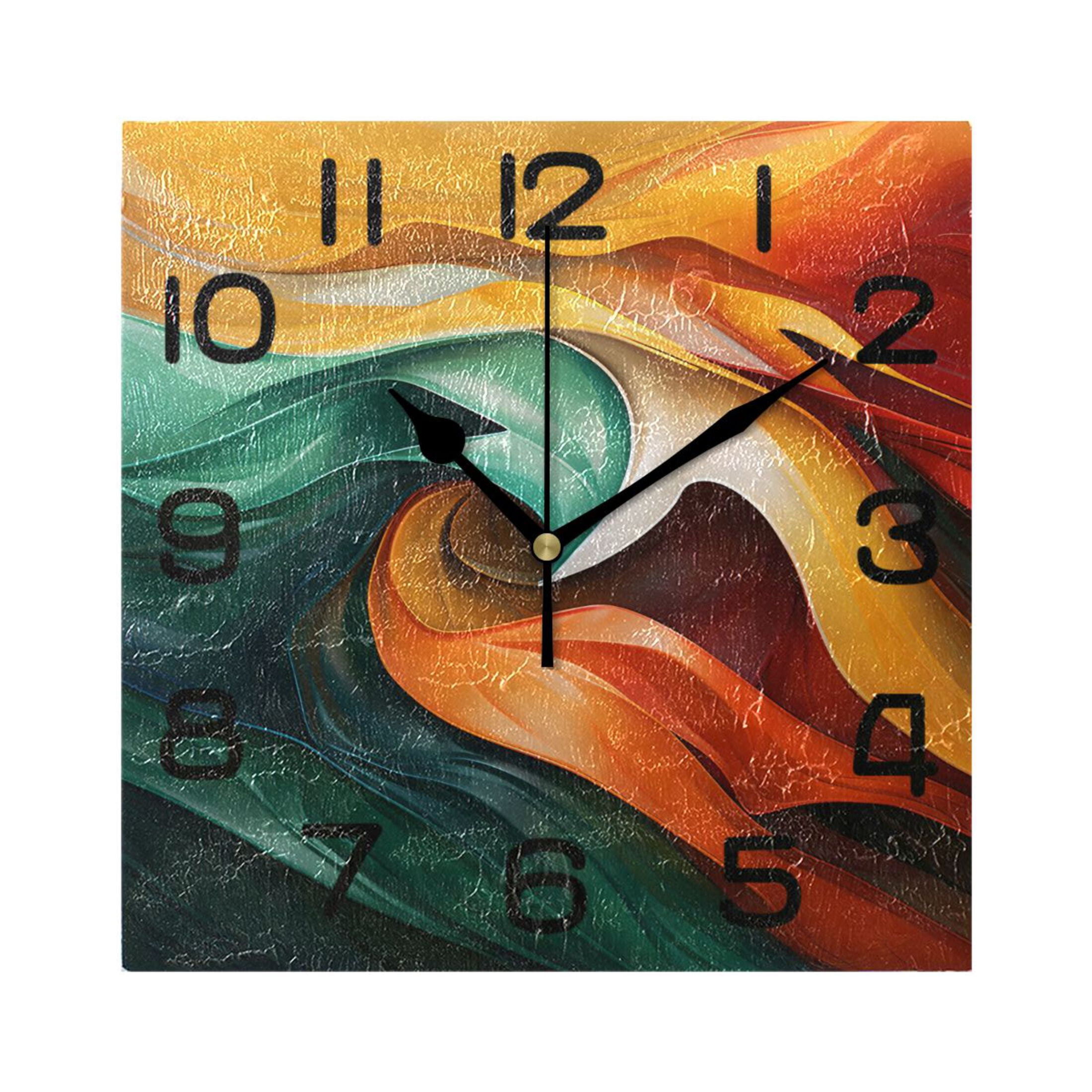 Green and Orange Abstract Wall Clock Square Silent Non-Ticking Battery ...