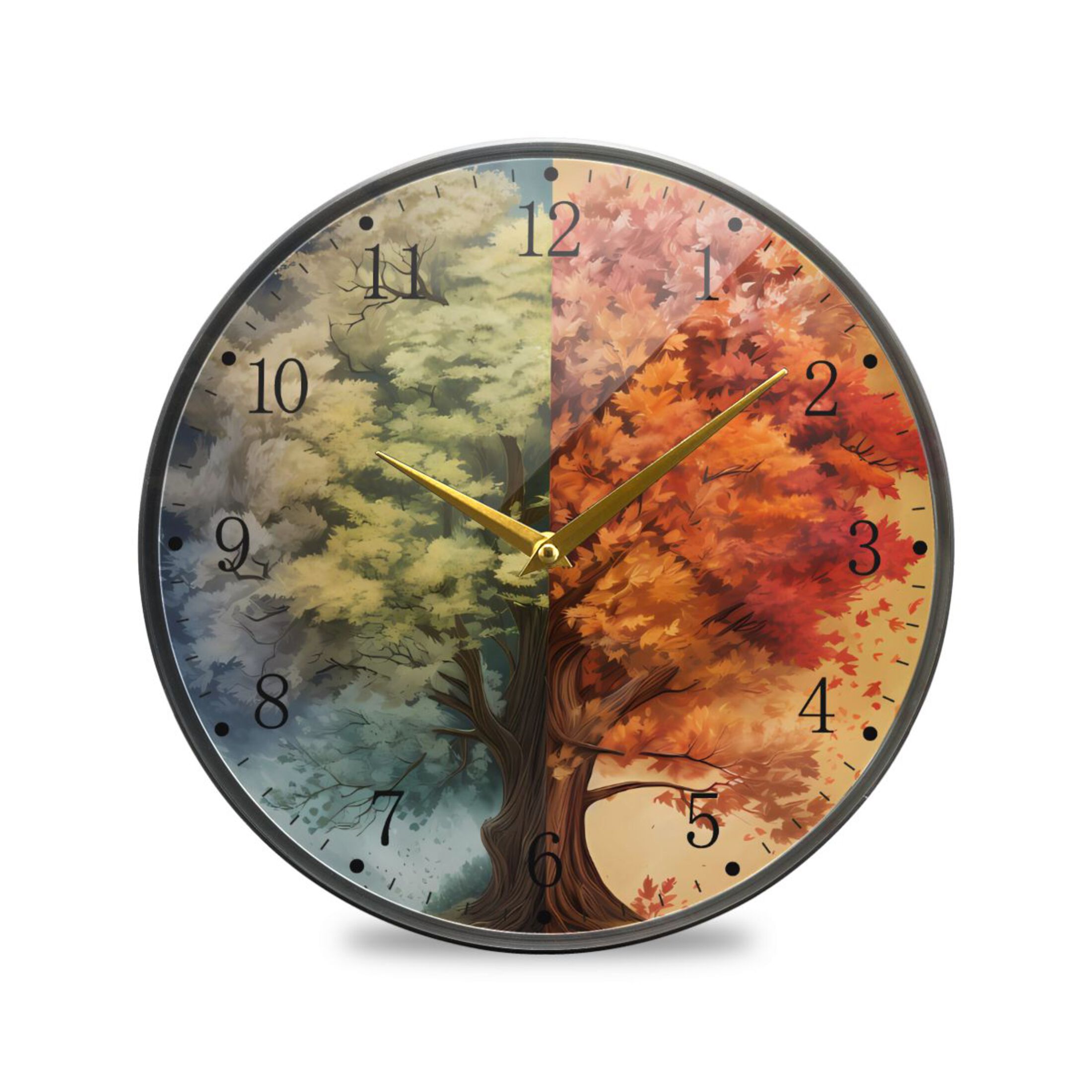 Green and Orange Tree Acrylic Wall Clocks Quiet Round Clock Battery ...