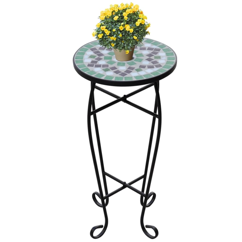 Green and White Mosaic Side Table with Plant Shelf for Outdoor Patio or ...