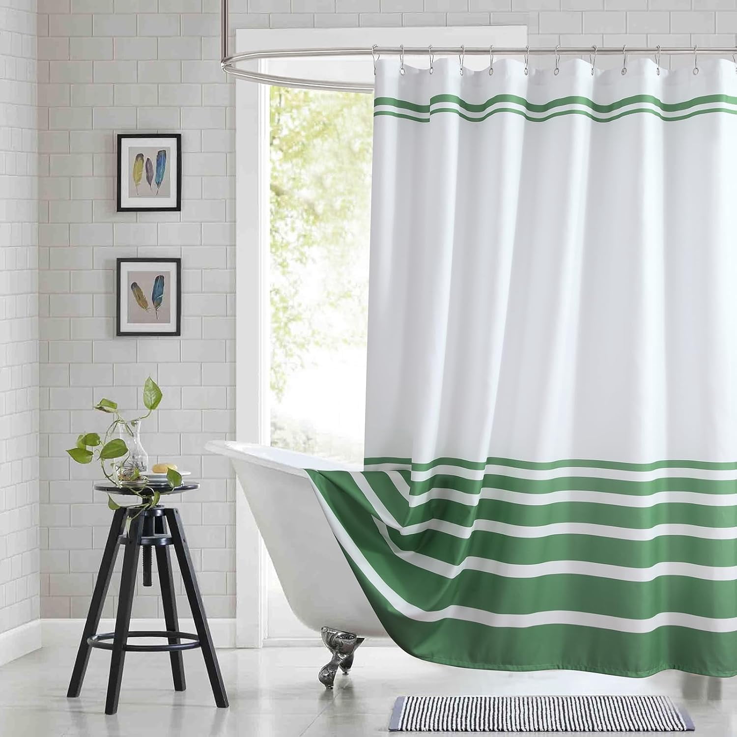 Green and White Striped Shower Curtain 72x72 Inches, Waterproof Fabric ...