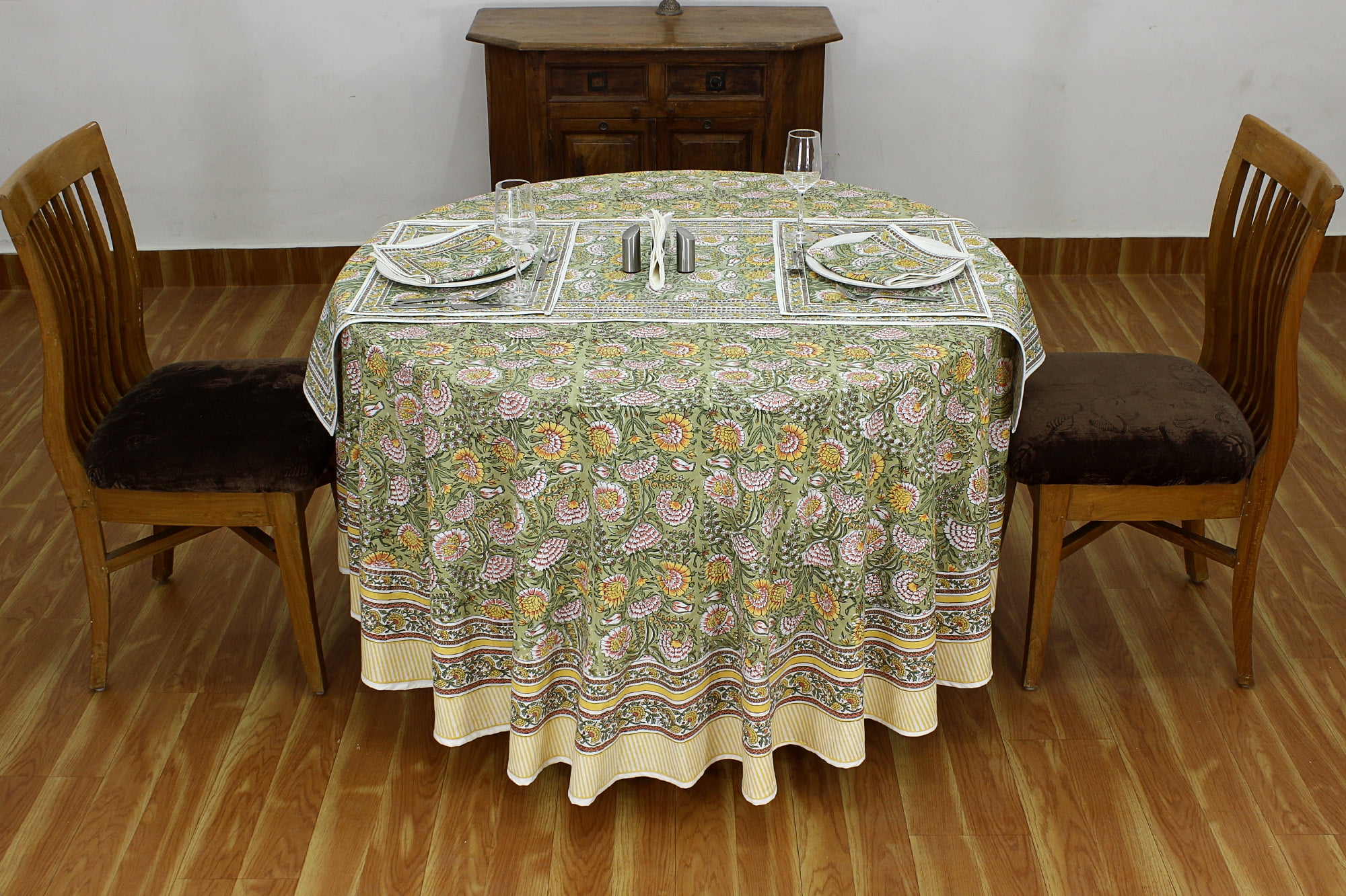 Green and Yellow Floral Block Printed Table Cover, Round Tablecloth, Luxury Cotton Tablecloth ...