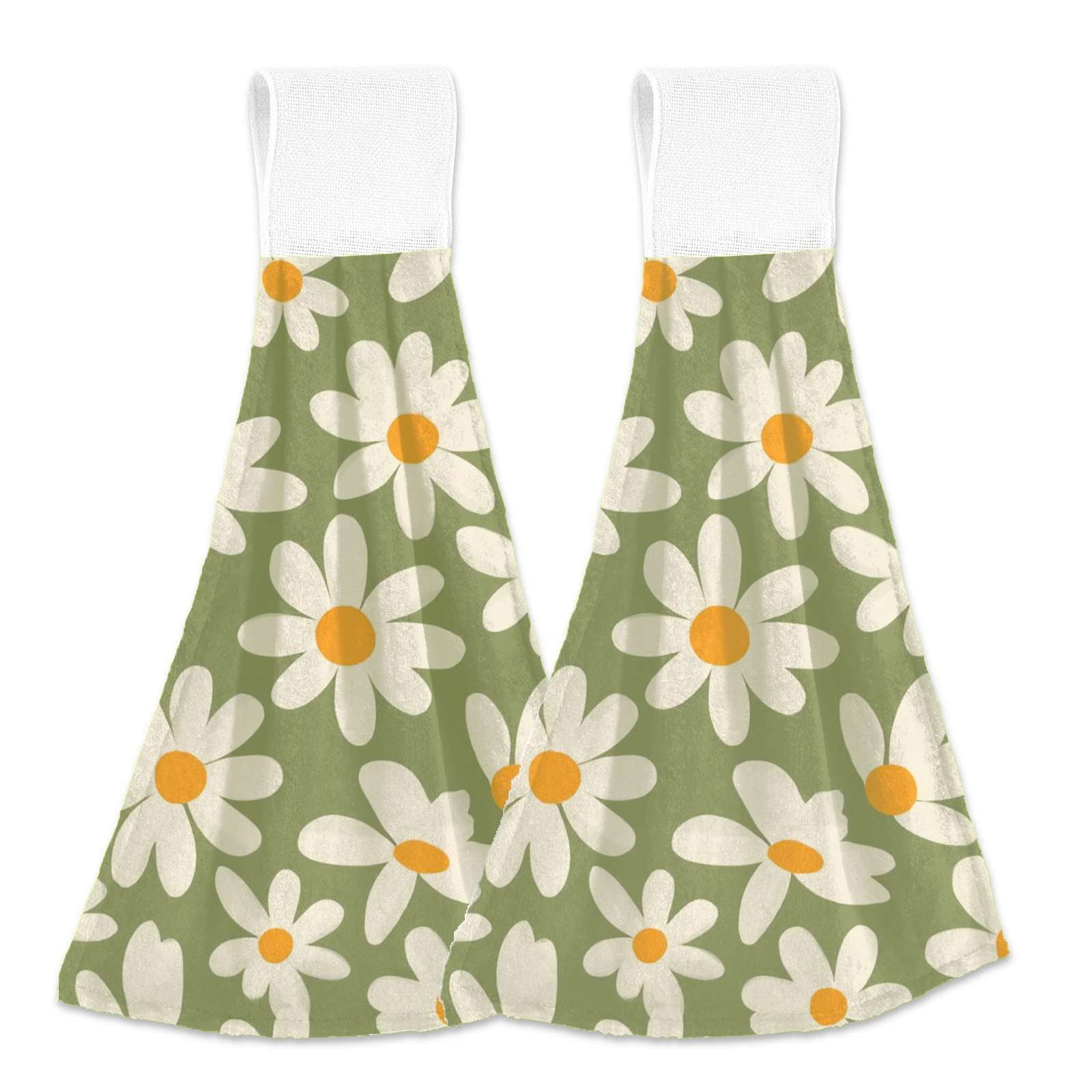 Green background daisy flower pattern Hanging Kitchen Hand Towels Sets ...