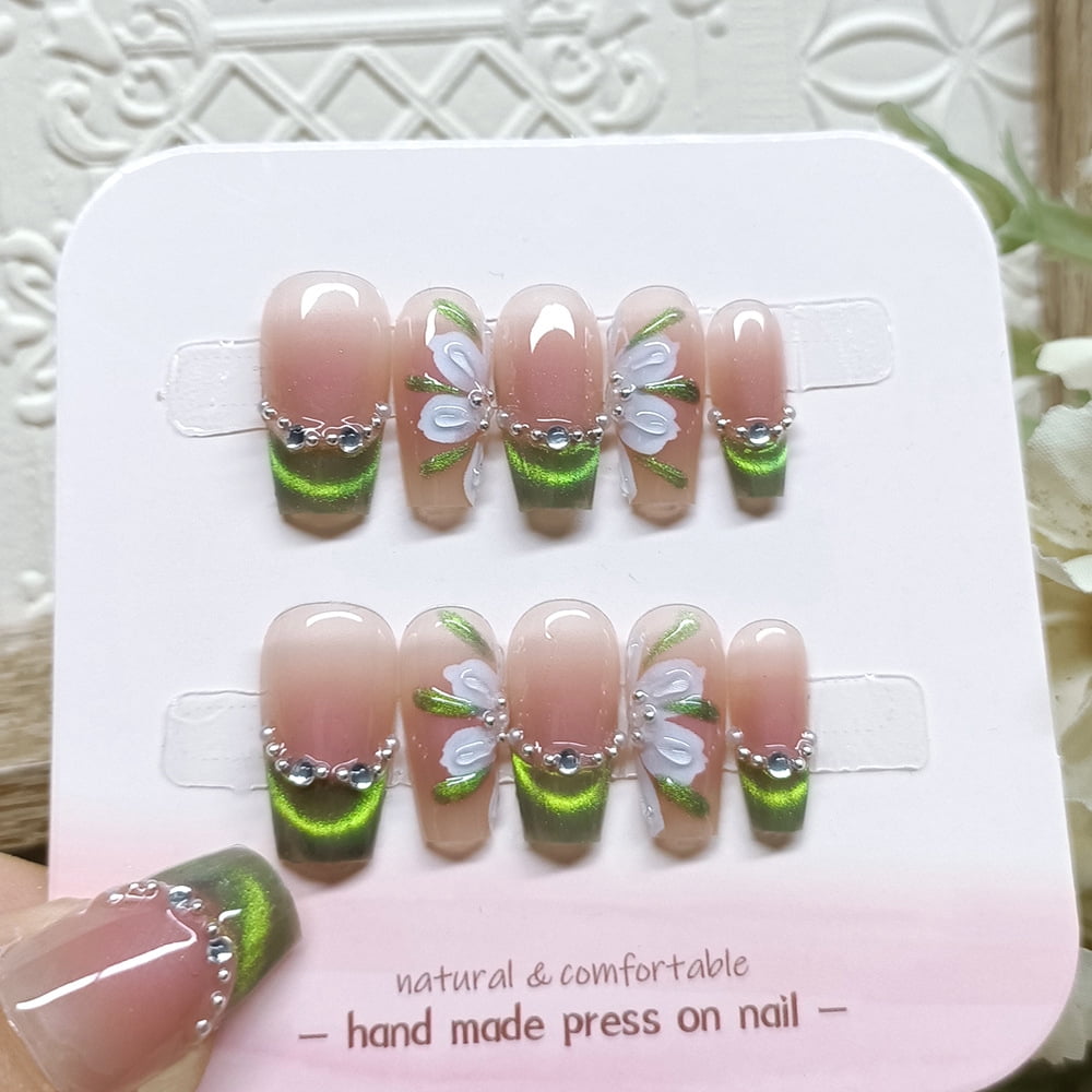 Green edge French ice flower phototherapy nail art, smiling cat eye ...