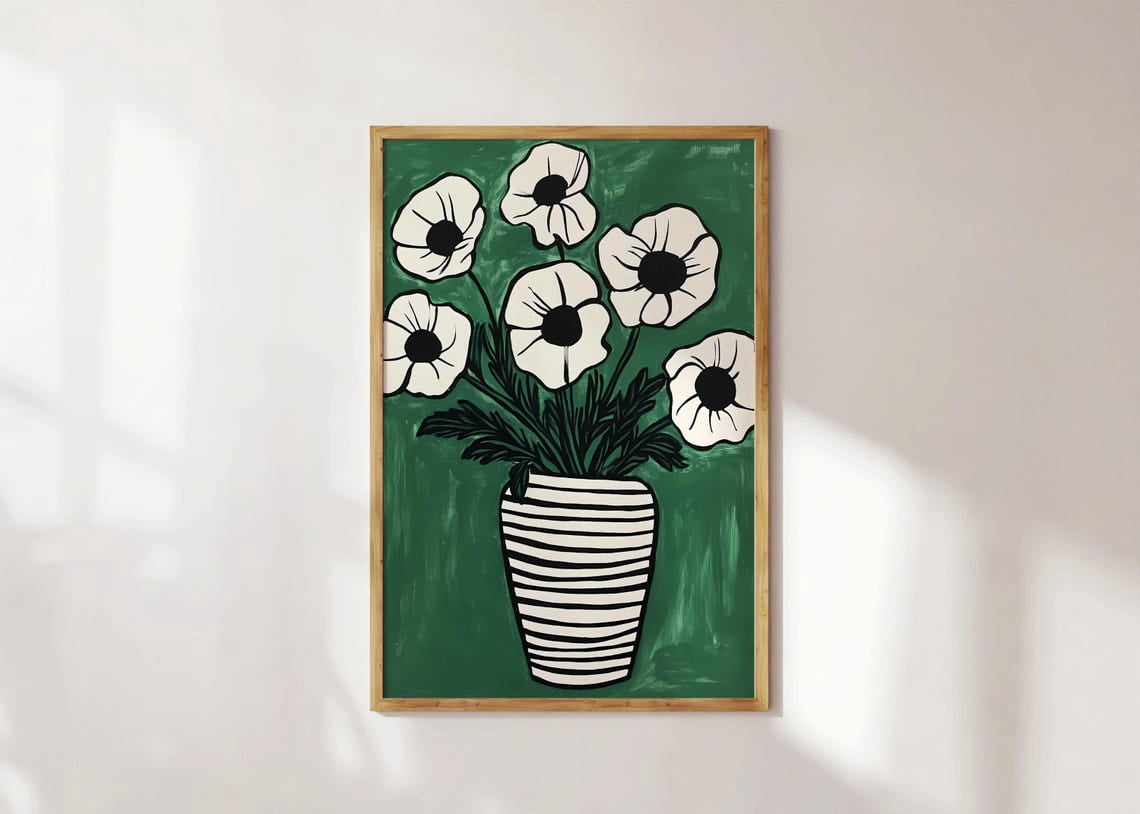 Green floral vase art Poster abstract botanical wall decor modern ...