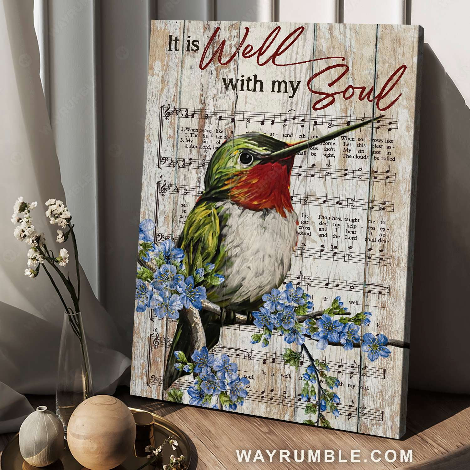 Green hummingbird, Blue flax, Music sheet, It is well with my soul ...
