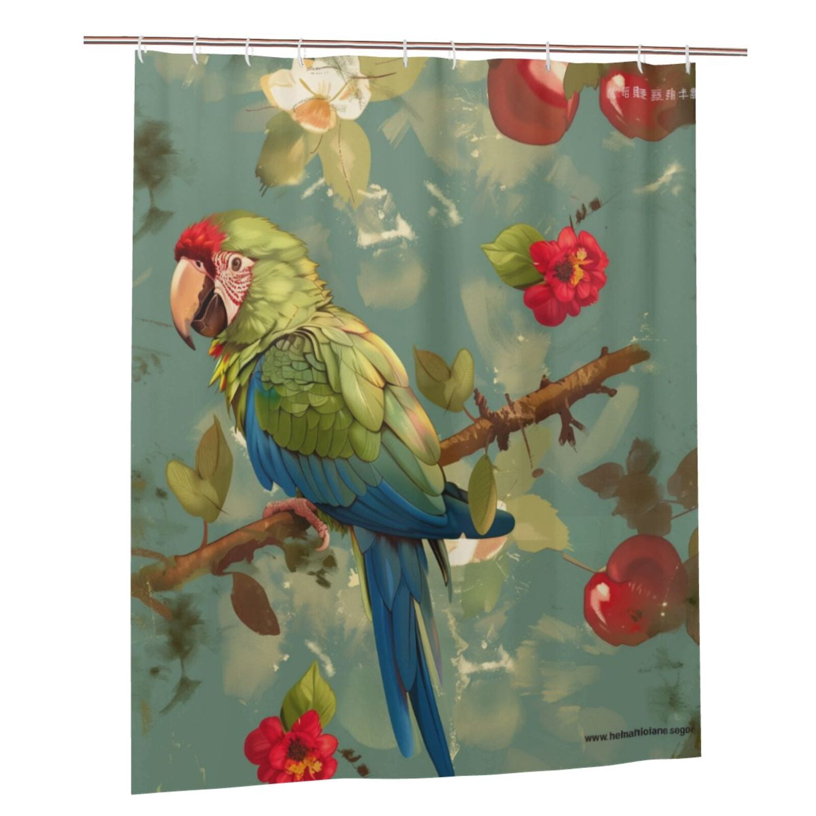 Green parrot with red head, beak on branch Shower Curtainoral Curtains ...