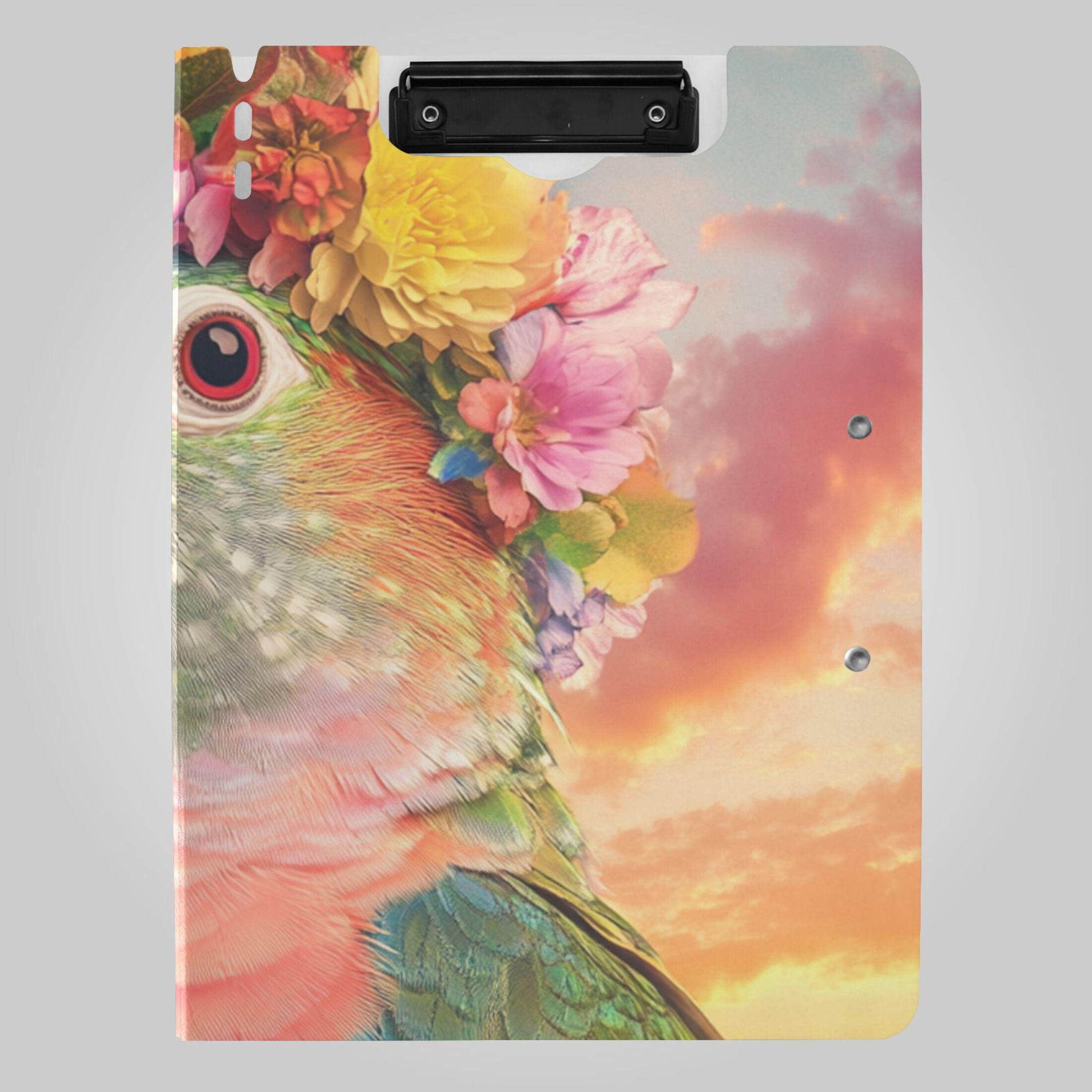 Green-pinkish Parrot with Garland Foldable Binder Folder Clipboard with Pen Slot Double Clips A4 ...