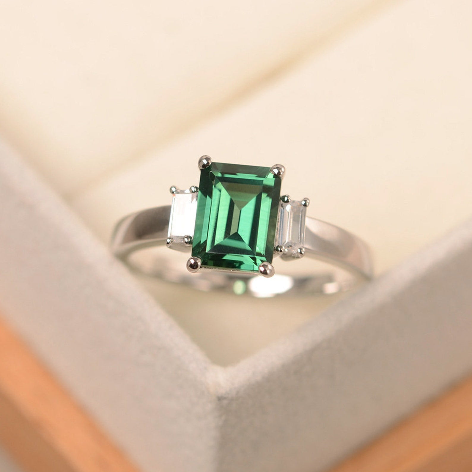 Green sapphire ring, green emerald cut gemstone ring, sterling silver ...