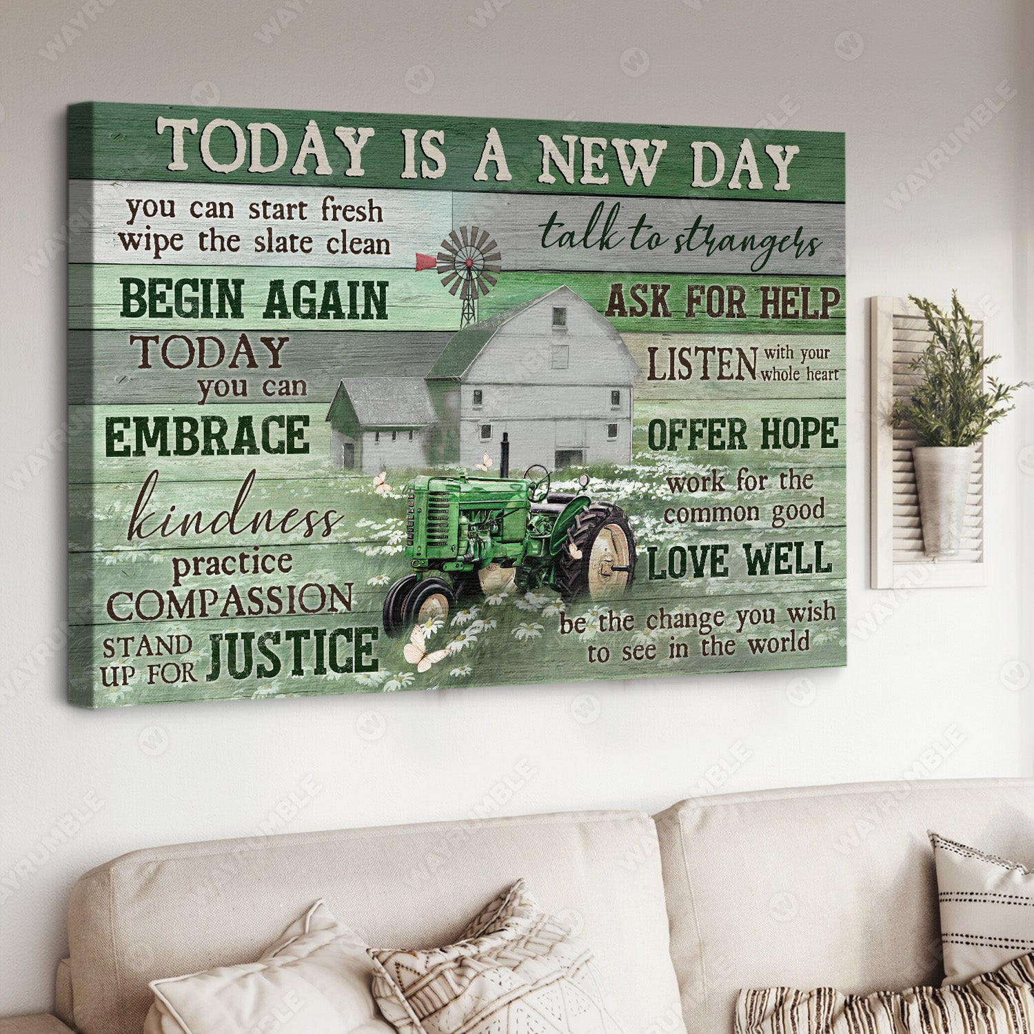 Green tractor, Vintage house, Daisy field, Today is a new day - Jesus ...