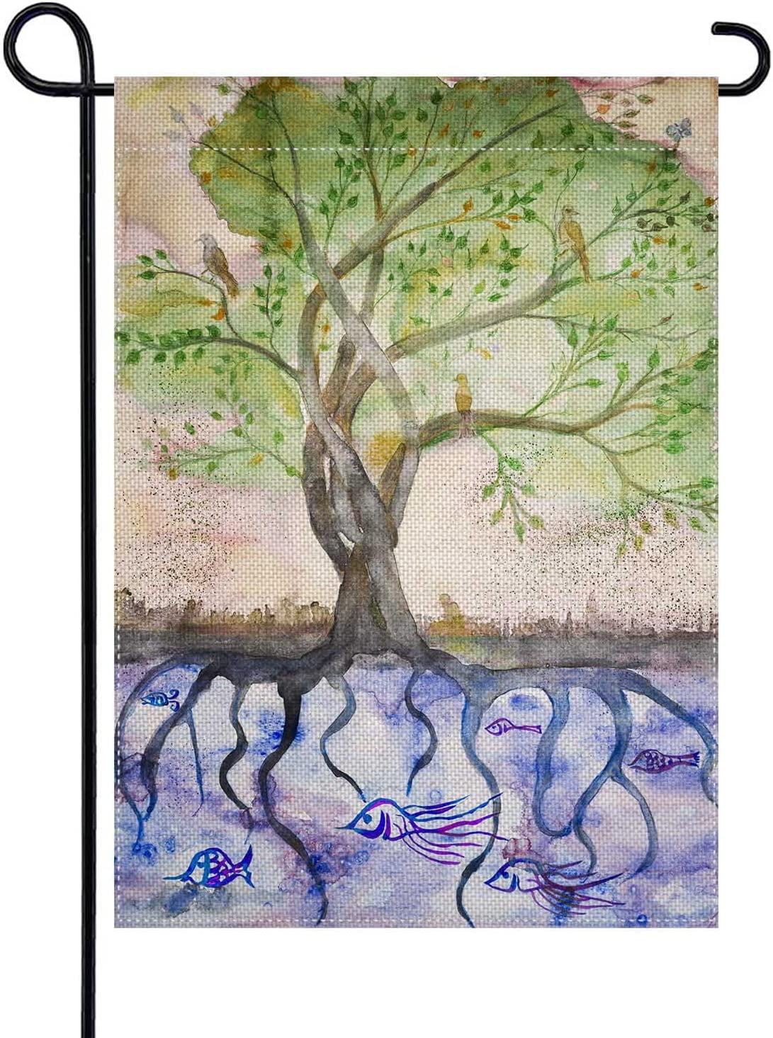 Green tree Small Garden Flag for Outside bird purple blue roots fish ...