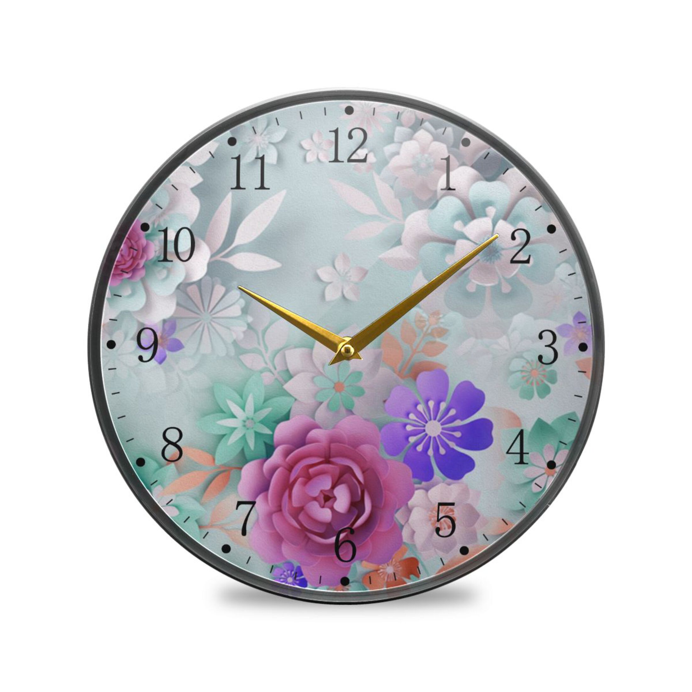 Green with Pink Roses Flowers Acrylic Wall Clocks Quiet Round Clock ...