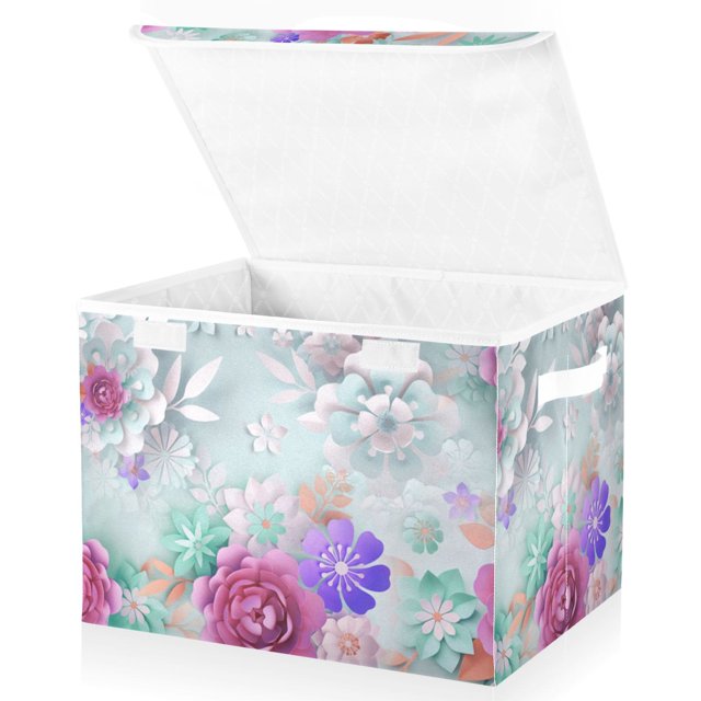 Green with Pink Roses Flowers Large Lidded Bin Foldable Storage Baskets ...