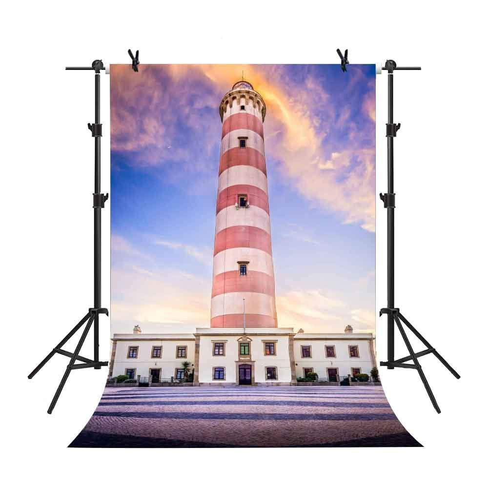 GreenDecor 5x7Ft Chimney Lighthouse Backdrop Blue Sky Pink White Stripe ...