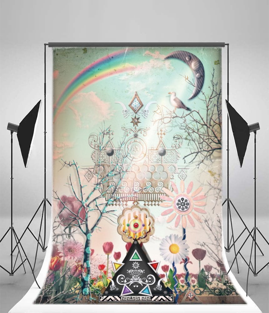 GreenDecor 5x7ft Cartoon Backdrop Rainbow Flowers Birds Tree Branch ...