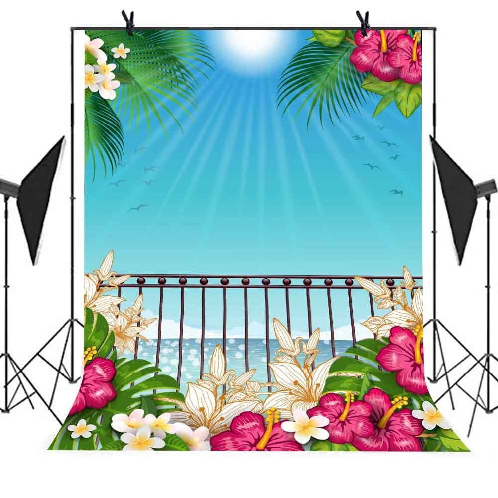 GreenDecor 5x7ft Cartoon Seaside Backdrop Sea Blue Sky Flowers Seagull ...