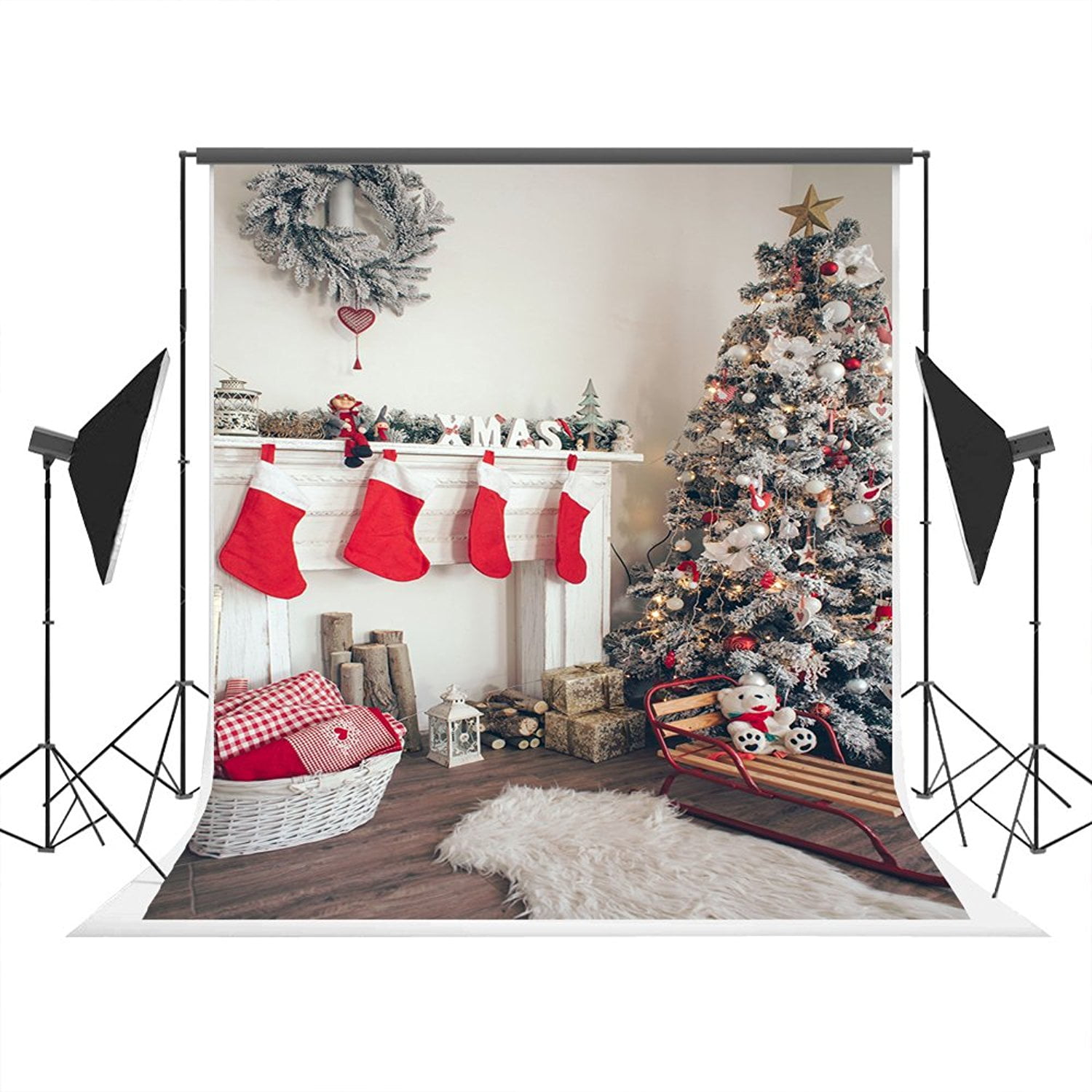 GreenDecor 5x7ft Christmas Photo Backdrops Red Stocking Christmas Tree ...
