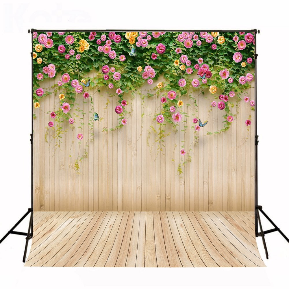 GreenDecor 5x7ft Flower Wall Photography Backdrop Wood Floor Photo ...