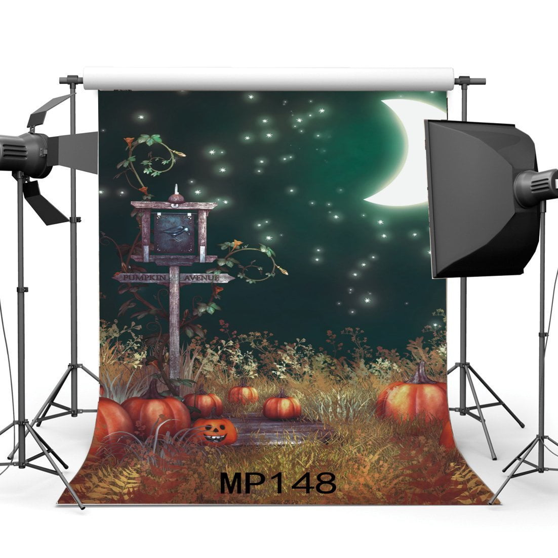 GreenDecor 5x7ft Hallowmas Backdrop Halloween Horror Night Pumpkin Shining Moon Twinkle Elf Road ...