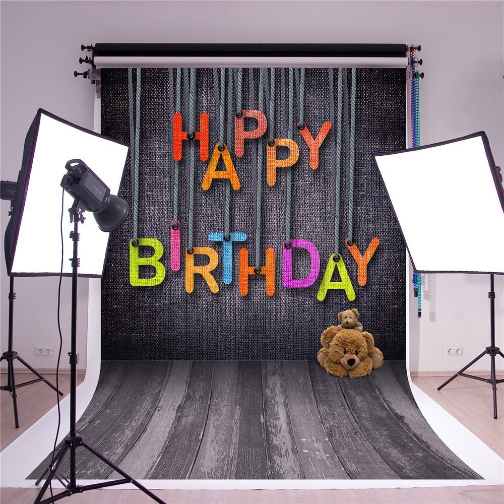 GreenDecor 5x7ft Happy Birthday Wall Photography Backdrops Gray Bear ...