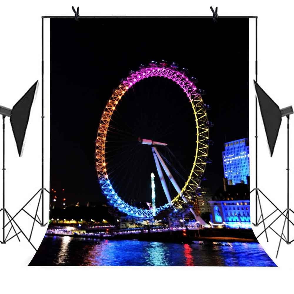GreenDecor 5x7ft Night City Backdrop Light Ferris Wheel River Water ...