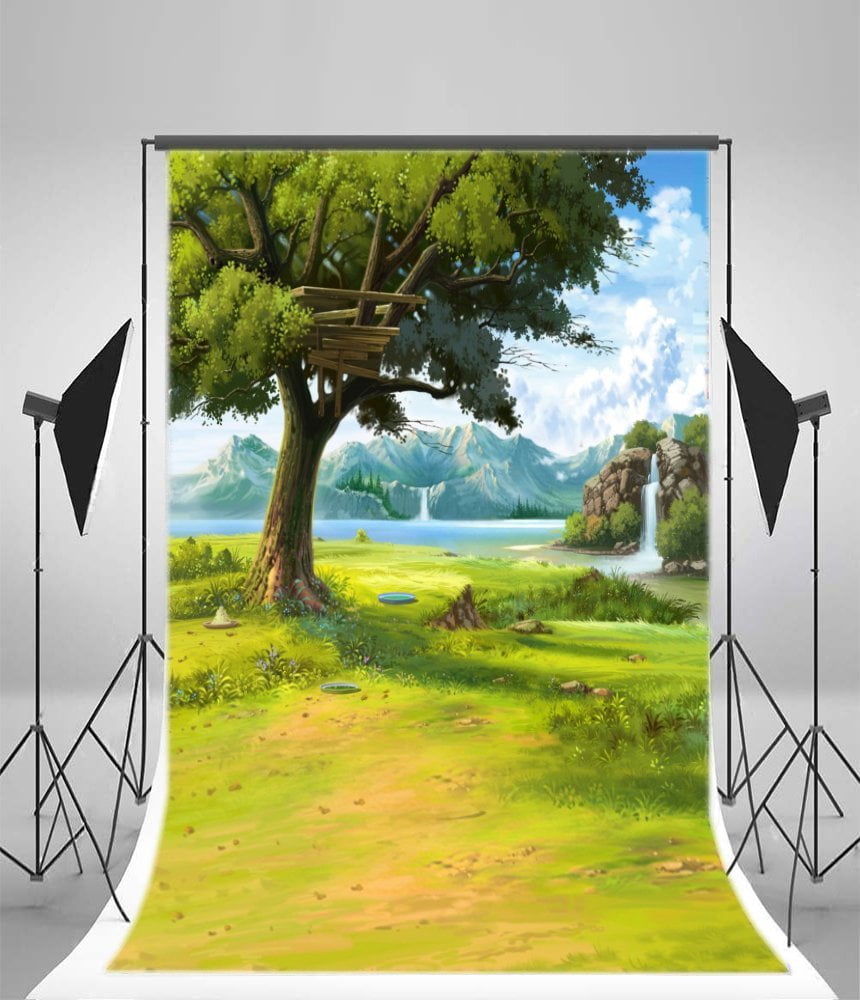 GreenDecor 5x7ft Photography Backdrop Green Trees Mountains Waterfall ...