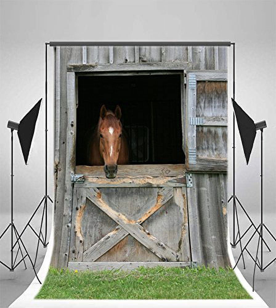 GreenDecor 5x7ft Photography Stable Backdrop Horse Wood Door Grass Land ...