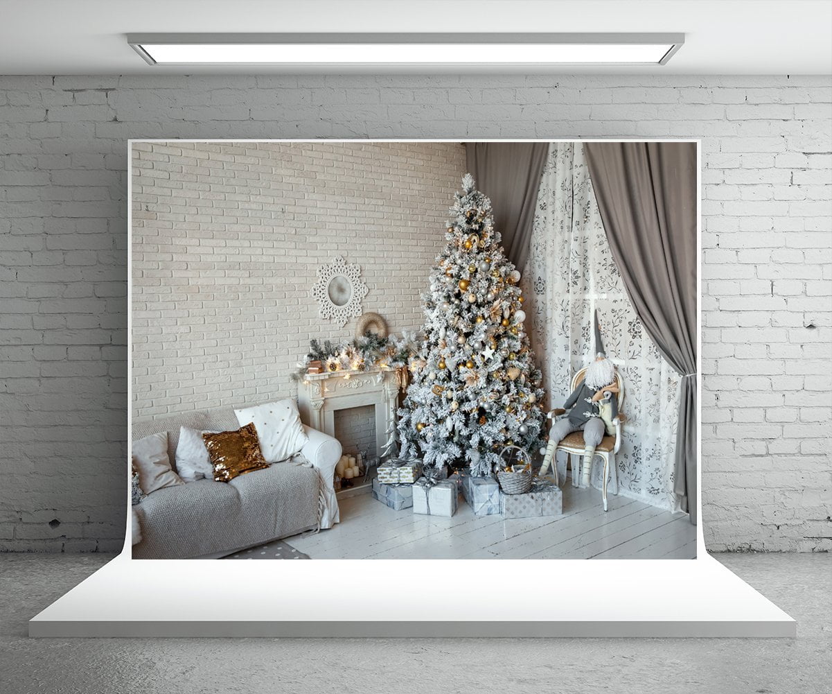GreenDecor 5x7ft Sliver Christmas Tree Brick Wall Wood Floor Background ...
