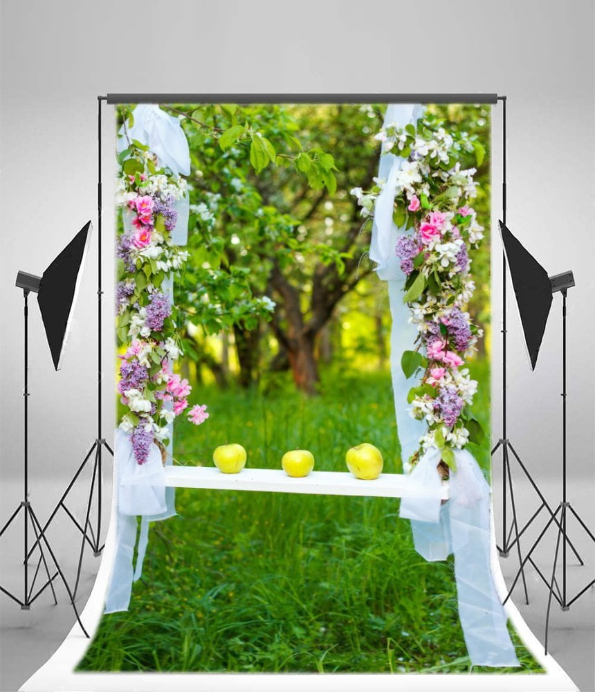 GreenDecor 5x7ft Spring Backdrop Flowers Vine White Curtain Apples ...