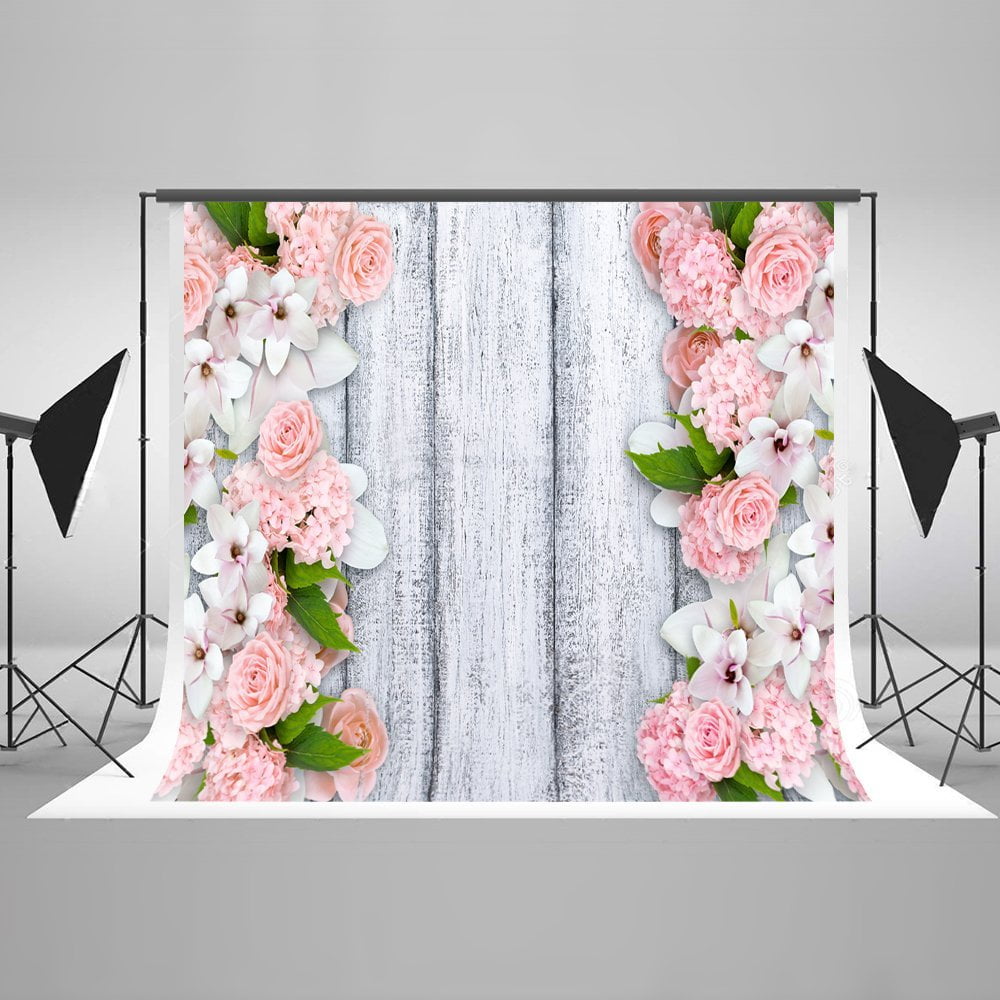 GreenDecor 5x7ft White Wood Wall Photography Backdrops Pink Flowers ...