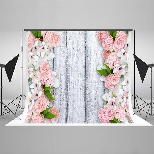 GreenDecor 5x7ft White Wood Wall Photography Backdrops Pink Flowers ...